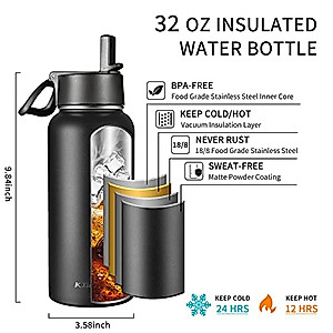 32 oz Insulated Water Bottle with Paracord Handles & Strap, 2 Lids(Straw Lid&Spout Lid), Stainless Steel Reusable Wide Mouth Metal Water Bottle With Straw, Double Walled, Thermo Mug(Black)