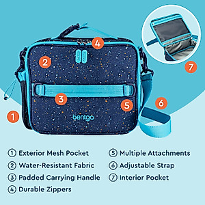 Bentgo® Kids Lunch Bag - Confetti Designed Insulated Lunch Bag for Kids 3+; Holds Lunch Box, Water Bottle & Snacks; Easy to Clean, Water Resistant, & Zip Pockets (Confetti Edition - Abyss Blue)