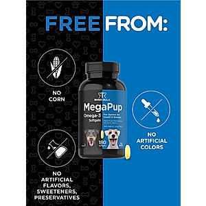 Horbäach Omega 3 Fish Oil for Dogs | 180 Softgels | Mega Pup for Optimal Pet Health & Wellness | Lemon Flavor | Non-GMO, Gluten Free Supplement | by River & RULA