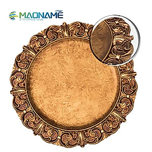 MAONAME 14" Antique Gold Charger Plates with Embossed Rims, Set of 6, Plastic Plate Chargers for Dinner Plates, Table Setting