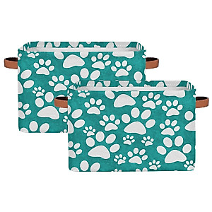 Teal and White Dog Paw Foldable Storage Basket Bin Large Fabric Kids Toys Storage Cube Box with Handles Collapsible Closet Shelf Cloth Organizer Basket for Nursery Bedroom Shelves Laundry