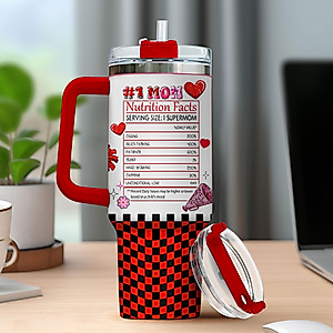 99WHALE Cool Moms Club Gifts, Tumbler 40 Oz With Handle Lid And Straw, Red Print Green Daisy Water Straws Simple Simply Handle Tumblers, Mom Retro Groovy Checked Nutrition Facts