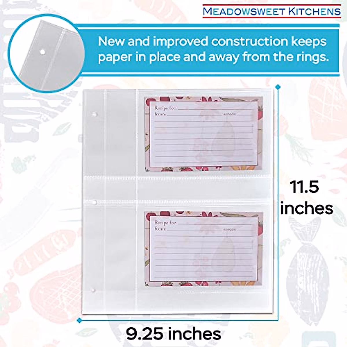 Recipe Card Protector Pages, 15 4" x 6" Clear Plastic Protectors Pages w/ 3 Punched Holes for Recipe Binder, Recipe Sleeves for 3-Ring Binders by Meadowsweet Kitchens