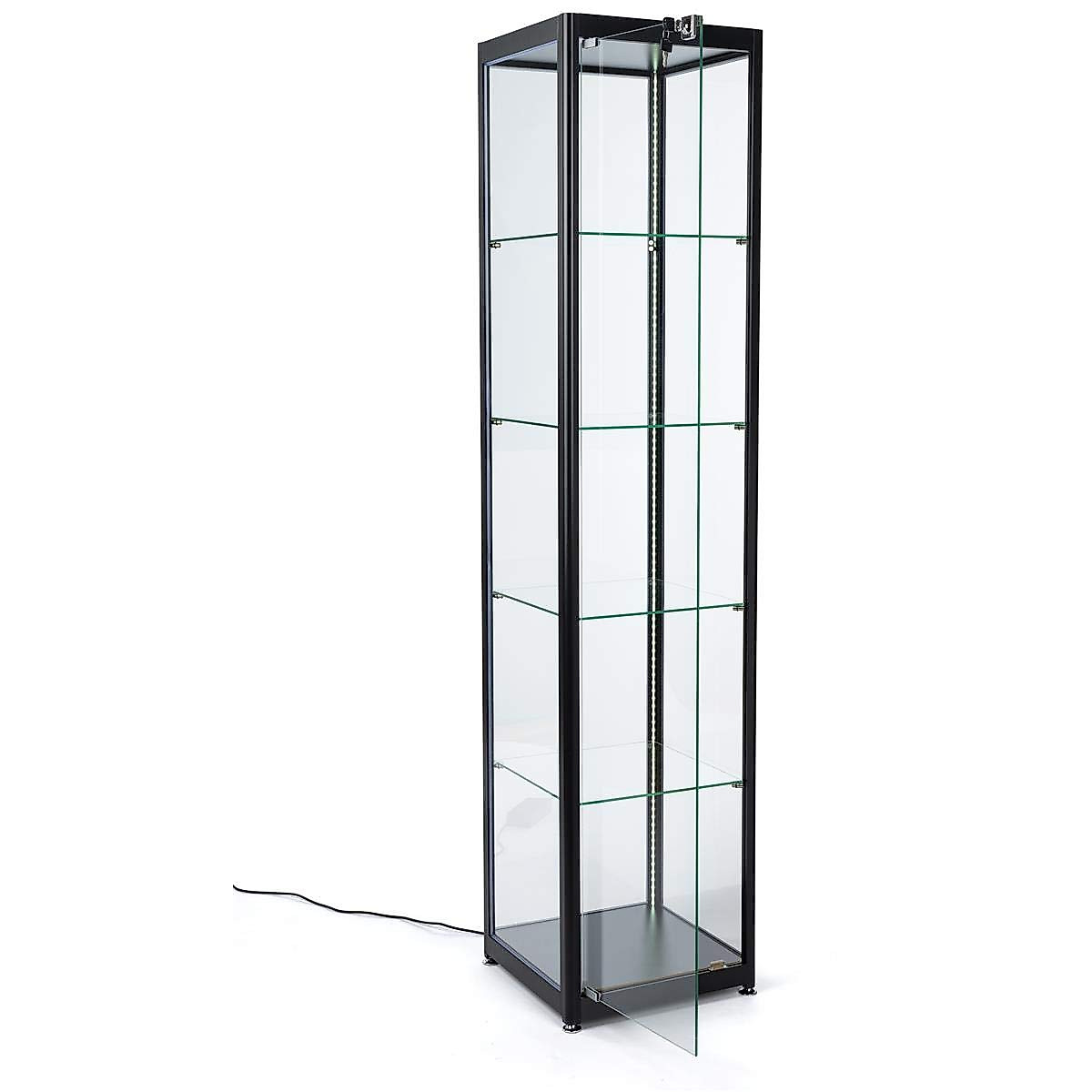 Displays2go Multi-Level Tempered Glass Tower with Lighting – Black (DCKDMT16B)