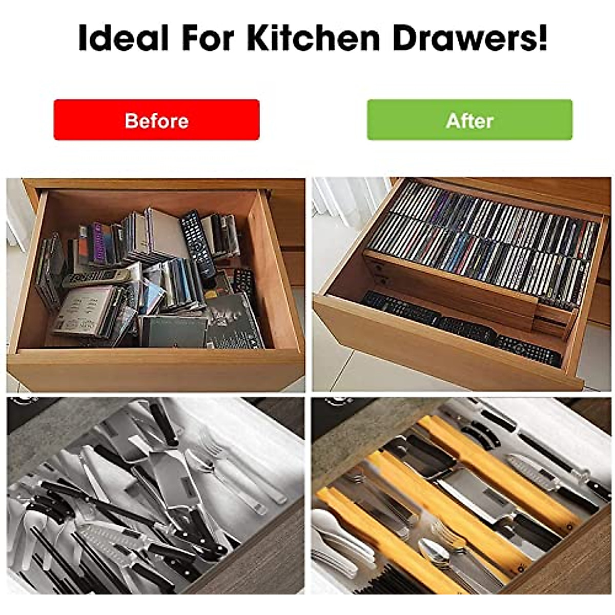 ANTOWIN Bamboo Drawer Dividers Organizers 16pcs, Expandable Drawer Separators Splitter, 17-22 inches Long Adjustable Spring-loaded Organizer for Large Utensil, Clothes, Tools Drawers (8+8)