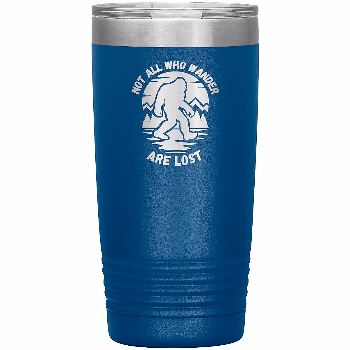 Bigfoot Tumbler Cup with Lid - Not All Who Wander Are Lost - Double Walled, Insulated Sasquatch Travel Coffee Mug - 20 oz (Blue)