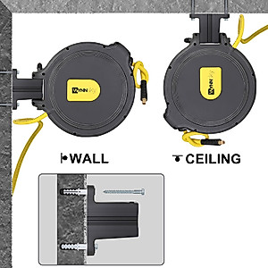 WYNNsky Automatic Retractable Enclosed Air Compressor Hose Reel with 3/8 inch x 50 ft Hybrid Air Hose for Workshop Garage, 180° Swivel Bracket, 300PSI