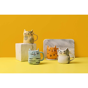 Bico Cartoon Cat Handcrafted Stoneware Ceramic 10oz Mugs, Set of 4, Assorted Color