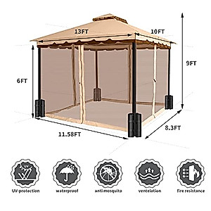 FAB BASED 10x13 Patio Gazebo with Mosquito Netting and Sand Bag - Aluminum Pole & Polyester Top, Fireproof Enclosure & Waterproof Screen Tent, Garden Pavilion for Patio, Backyard, Lawn (Khaki)