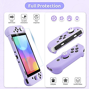 FUNDIARY Carrying Case for Nintendo Switch OLED, Cute Storage Carry Case for Switch OLED Accessories with Flip Case, Screen Protector, Adjustable Shoulder Strap, Wrist Band and 4 Thumb Caps (Purple)