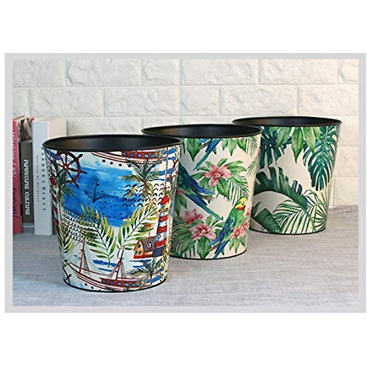 Wansan Iron and Leather Round Large Household Trash Can, Creative Can Without Lid,Suitable for Cans in Bathrooms, Kitchens, Home Offices, Bedrooms, Offices-10L Palm Tree Green Leaf 21*26cm