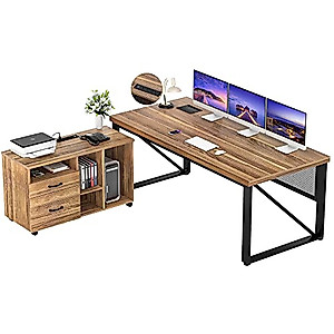 Unikito 55 Inch Executive Desk and Lateral File Cabinet, L Shaped Office Desk with Power Outlet and USB Port, Large Computer Table Home Office Furniture with Drawers and Storage Shelves, Rustic Walnut