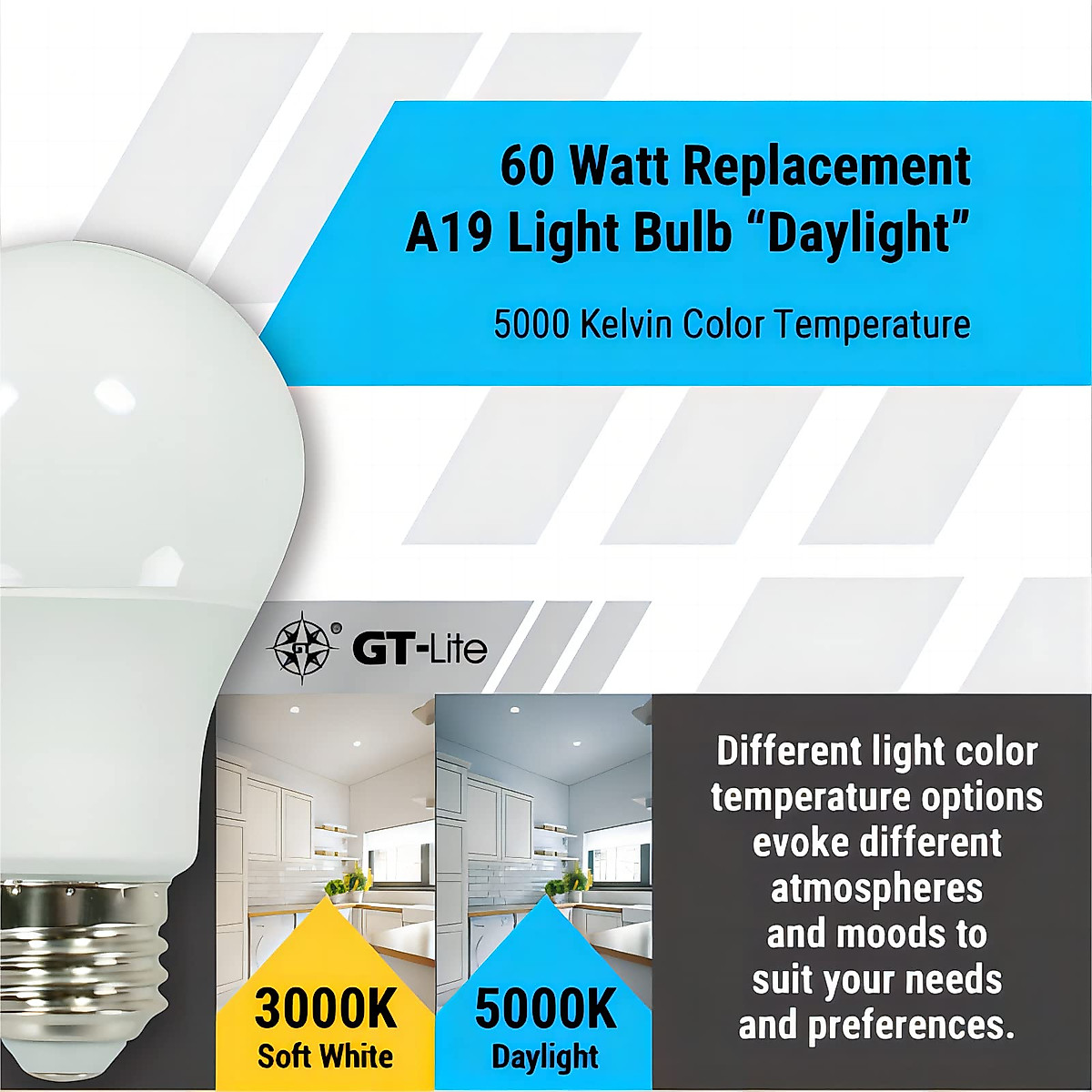 GT-Lite A19 LED Light Bulbs 10 Packs, 60W Equivalent, 5000K Daylight, 9W 800 Lumens LED Bulbs, E26 Base Standard Light Bulbs