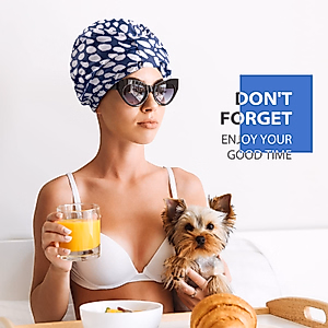 INNELO Luxury Shower Cap for Women Reusable Waterproof, Double Layered Shower Hair Cap with Adjustable Elastic Strap, Large Satin Lined Shower Bath Cap for Long Curly Straight Hair, Blue