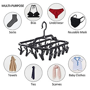 Annaklin Foldable Clip Hangers with 26 Drying Clips, Underwear Hanger with Clips, Plastic Laundry Clip and Drip Drying Hanger for Socks, Bras, Lingerie, Clothes, Sturdy, Black