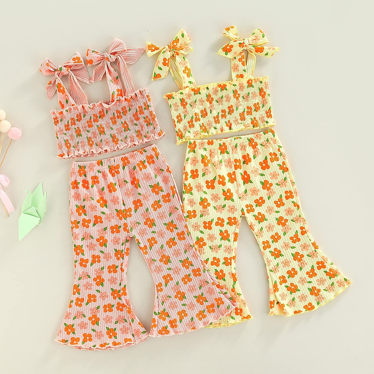 Toddler Baby Girl 2Pcs Outifts Kids Floral Sleeveless Strap Vest Tops High Waist Flared Pants Bell Bottoms Clothes (Flower Pink,2-3T)