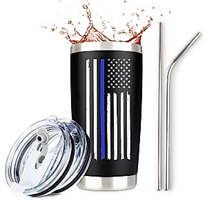 JENVIO Thin Blue Line Police Tumbler | Stainless Steel Travel Mug Including 2 Lids 2 Straws Gift Box for Coffee Cup | Correctional for Him | Cops Officer Valentine's Day Gift