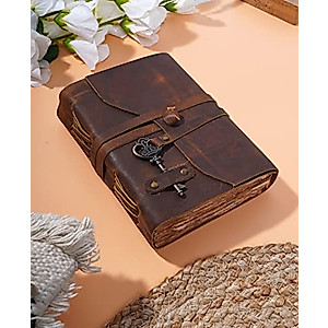 Burhano crafts vintage leather journal with key leather bound journal key closer Antique Handmade Deckle Edge Vintage Paper Leather Book of shadows - perfect for writing (8x6)