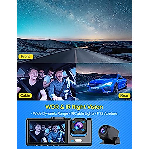 3 Channel Dash Cam Front and Rear Inside, 1080P Dash Camera for Cars, Dashcam Three Way Triple Car Camera with IR Night Vision, Loop Recording, G-Sensor, Parking Monitor, 24 Hours Recording