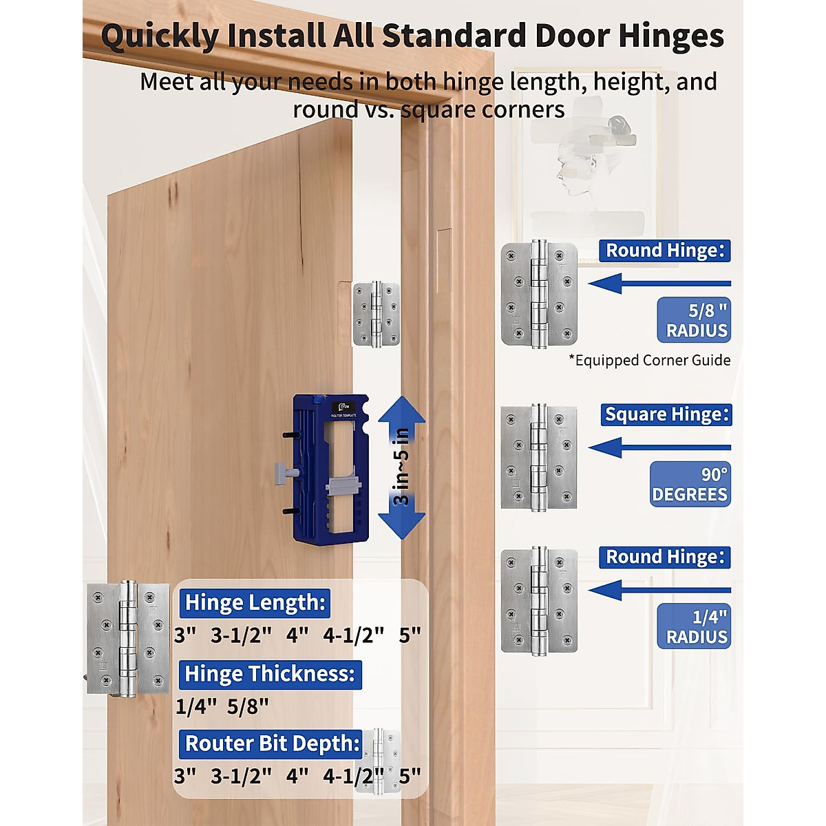 Door Hinge Jig, Door Hinge Router Template,Door Hinge Mortiser, Hinge Installation Kit Fits 3” to 5” Length and 1/4” or 5/8” Thickness Door Hinge, Blue