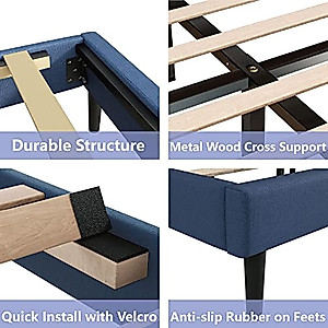 Twin Size Upholstered Platform Bed Frame with Button Tufted Stitched Headboard, Fabric Mattress Foundation with Metal Wood Slat Support, No Box Spring Needed, Noise Free Design, Easy Assembly, Blue