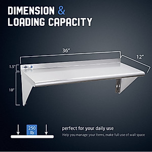 Profeeshaw NSF Stainless Steel Shelf 12” x 36”, 250 lb Commercial Shelves Wall Mounted Metal Shelving with Backsplash and 2 Brackets for Restaurant, Bar, Utility Room, Kitchen and Garage