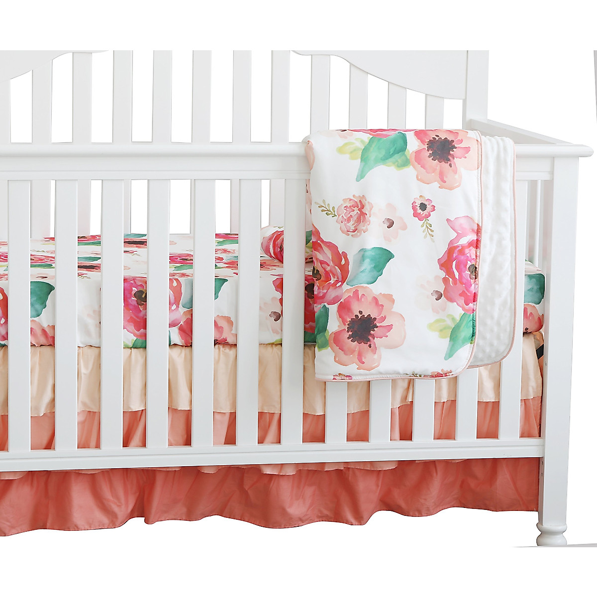 3 pcs Set Boho Floral Ruffle Baby Minky Blanket, Peach Floral Nursery Crib Skirt Set Baby Girl Crib Bedding (Coral)