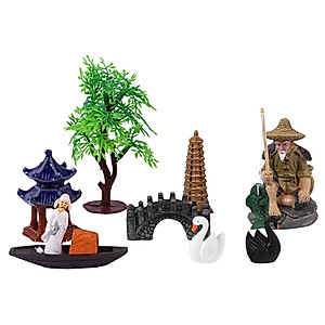 GANAZONO Desk Decor Miniature Fisherman Figurine Accessories Chinese Statue Mini Pond Ornament Miniature Pagoda Tower Bridge Tree Swan Bonsai Micro Landscaping Decor Office Desk Decor