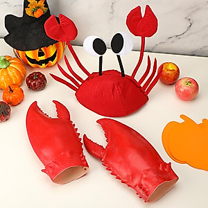 Newcotte 2 Pcs Halloween Crab Lobster Costume Set Funny Hat Latex Giant Crab Claws Gloves for Men Women Cosplay Party(Crab Style)