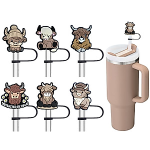 Amreich Highland Cow Straw Topper for Stanley Cup - Cute Animal Straw Cover Cap for Almond Rose 30 40 oz Tumblers 10mm Stanley Straw Accessories
