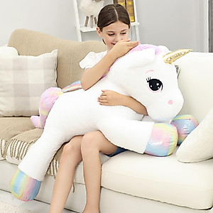 FFxiong 44 Inch Giant Unicorn Stuffed Animal Pillow, Cute Soft Big Unicorn with Rainbow Wings Large Plush Toy, Gifts for Girlfriend Girls Boys Kids Birthday Valentines Christmas