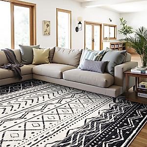 Yuemasi Boho Black 8 x 10 Area Rugs for Living Room - Washable Non-Slip Large Rug Ultra-Thin Soft Rugs for Bedroom 8x10, Moroccan Print Indoor Stain Resistant Dining Room Rugs for Under Table Office