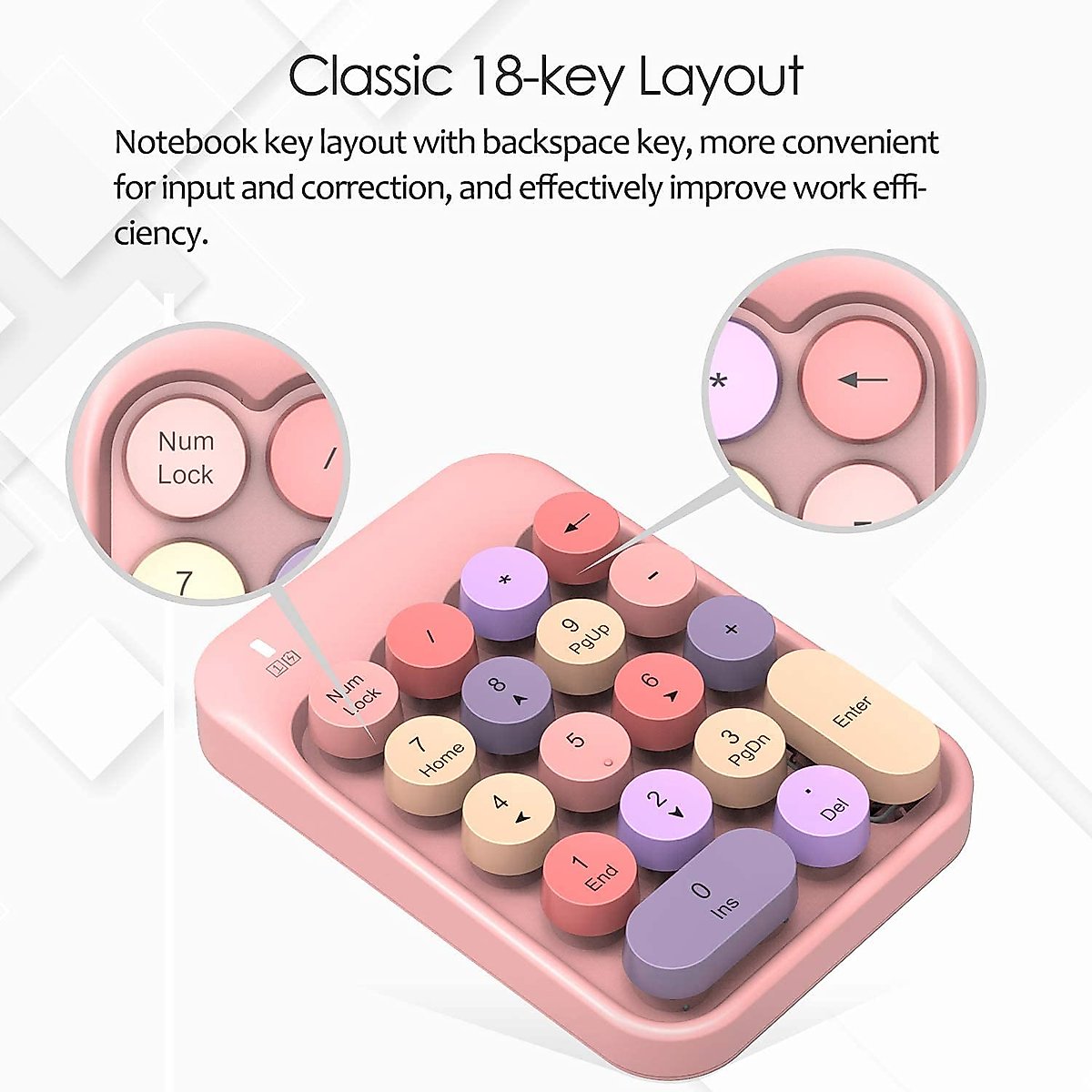 FELICON Wireless Numeric Keypad 18 Keys with 2.4G Mini Portable Silent Number Pad USB Receiver Financial Accounting Keyboard Extensions for Laptop Desktop PC Pro（Pink Mix）