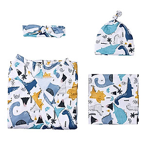 Mommy and Me Robe and Swaddle Set Floral Print Maternity and Baby Matching Hospital Labor Delivery Swaddling Wrap Blanket Dress with Headband Hat for Mom and Girl Boy 4pcs Outfit Blue Dinosaur L/XL