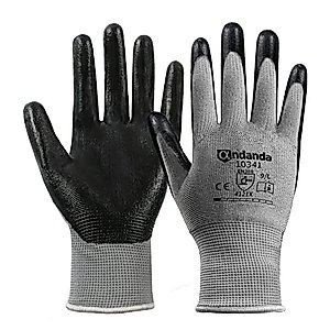 ANDANDA Work Gloves, Smart Touch, 3D Comfort Stretch Fit, Nitrile Coated Work Gloves with Grip, Seamless Knit Nylon Work Gloves Men Suitable for Warehousing, Logistics, Handling, Black（L）, 1 Pair
