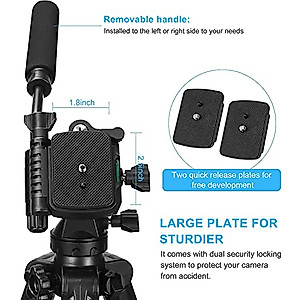 Tripod, 73 inch Tripod for Camera 15 lbs Loads with Fluid Head, 2 Quick Release Mounts and Tablet & Phone Mount
