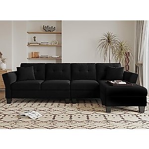 Belffin Black Velvet Sectional Couch L Shaped Sofa 4 Seat Sofa with Chaise Convertible L-Shaped Couches Reversible Sectional Sofa Black