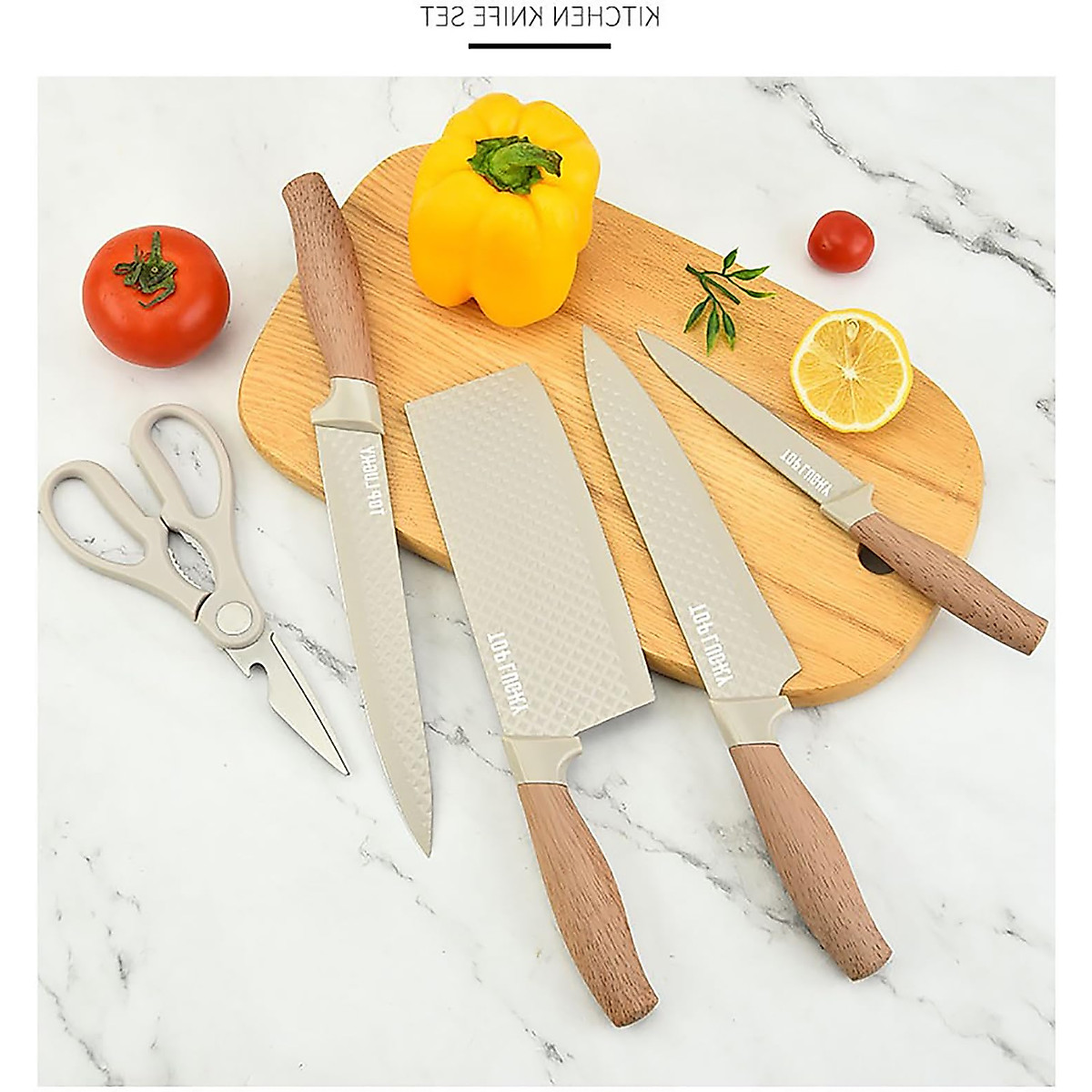 Kitchen Knife Set, 6-Pieces Luxury Wooden Coating Knife Set, Light Wood Grain Handle, Stainless Steel Non-Stick Sharp Blade Chef Knife Set with Cylindrical Knife Block for Gift