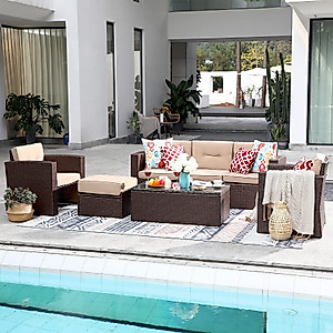 Super Patio Outdoor Furniture 7 Pieces Patio Furniture Set, Rattan Patio Conversation Sets with Coffee Table, Outdoor Wicker Sectional Couch Sofa Set with Ottoman for Deck, Garden, Porch, Brown