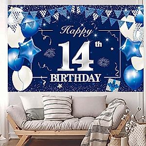 P.G Collin Happy 14th Birthday Banner Backdrop Sign Background, 14 Birthday Party Decorations Supplies for Boys Girls 6 x 4ft Blue Silver