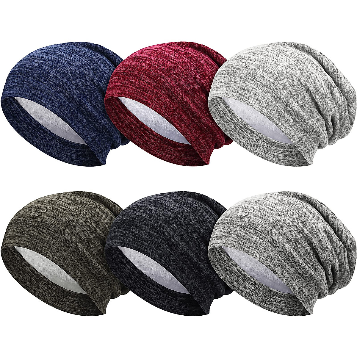 SATINIOR 6 Pieces Satin Lined Sleep Slouchy Cap, Hair Cap for Sleeping, Girl Headwear for Frizzy Curly Hair Women (Black, Dark Blue, Gray, Light Gray, Wine Red, Rusty Red)