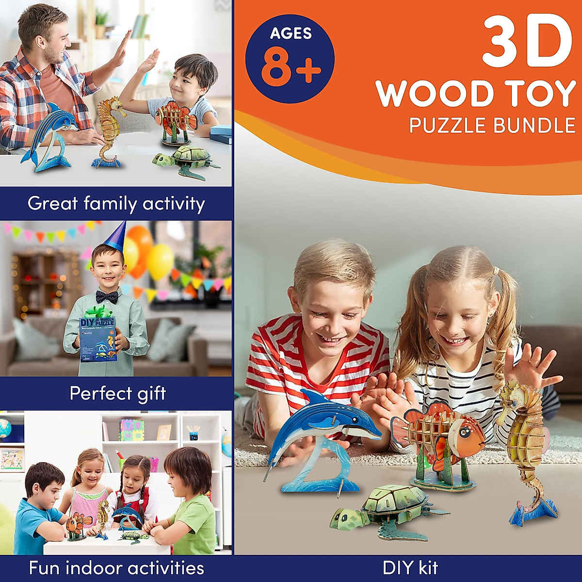 DIY 3D Wooden Puzzle Bundle– Colorful Sea Animals Models Building Kits for Kids & Adults- Educational STEM Brain Teasers Puzzles - Wood Crafts Gifts for Boys and Girls- Ages 8-9-10-11-12