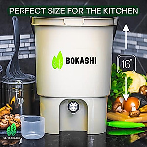 Bokashi Compost Starter Kit - Includes 2.2lb's Organic Bran, 2 Airtight Bins, Masher, Strainer, Cup for Compost Tea, and Detailed Composting Instructions. Attractive Kitchen Compost Bin.