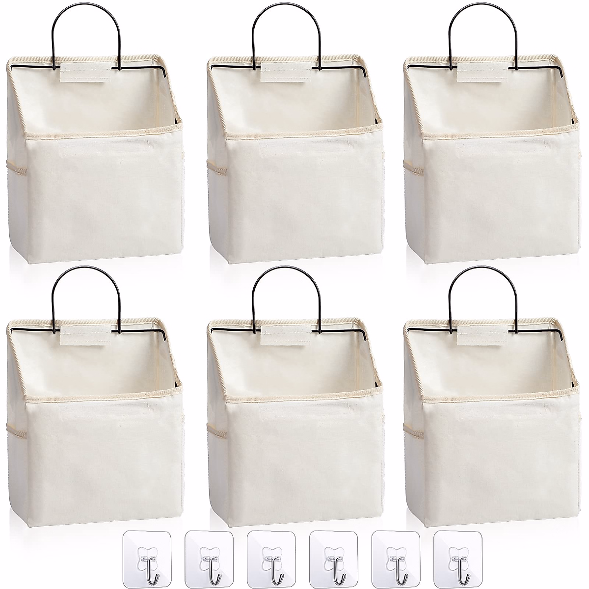 Chumia 6 Pack Wall Hanging Storage Basket Bathroom Closet Hanging Storage Bag Over The Door Hanging Basket Bedroom Wall Storage Organizer Waterproof Linen Cotton Box Containers and 10 Hooks(White)