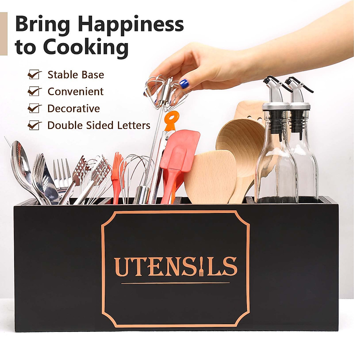 Yumkfoi Extra Large Utensil Holder with 4 Compartments, Wooden Farmhouse Utensil Organizer for Kitchen Counter, Rustic Cooking Utensil Crock Countertop Utensil Caddy Spatula Holder (Classic Black)