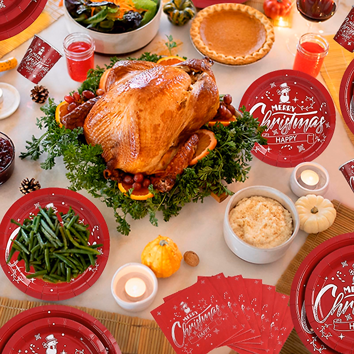 Merry Christmas Tableware Set for 25 Guests, Red Paper Plates Set with Plates Napkins Cups Straws Cutlery for Christmas Party Supplies, 200 pcs Disposable Party Dessert Dinnerwares