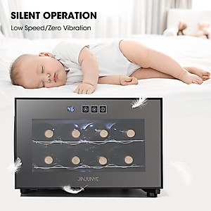 JINJUNYE 8 Bottle Wine Cooler Refrigerator, Wine Fridge Small, Countertop Wine Cooler with Temperature Control, Mini Freestanding Wine Cellar Glass Door for Home, Office, Bar, High-End Gift