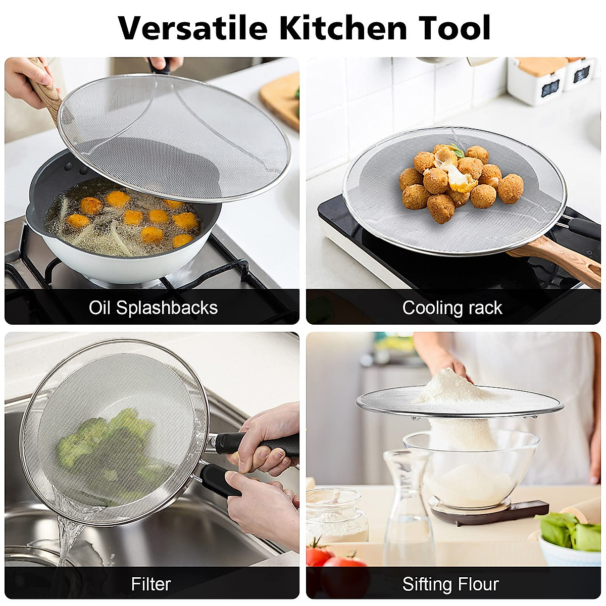 Splatter Screen for Frying Pan 9.8" 11.4" 13", Grease Splatter Guard Hot Oil Splatter Guard, Stainless Steel Fine Mesh Splash Guard with Resting Feet, Shield Grease for Cooking to Prevent Oil Splatter