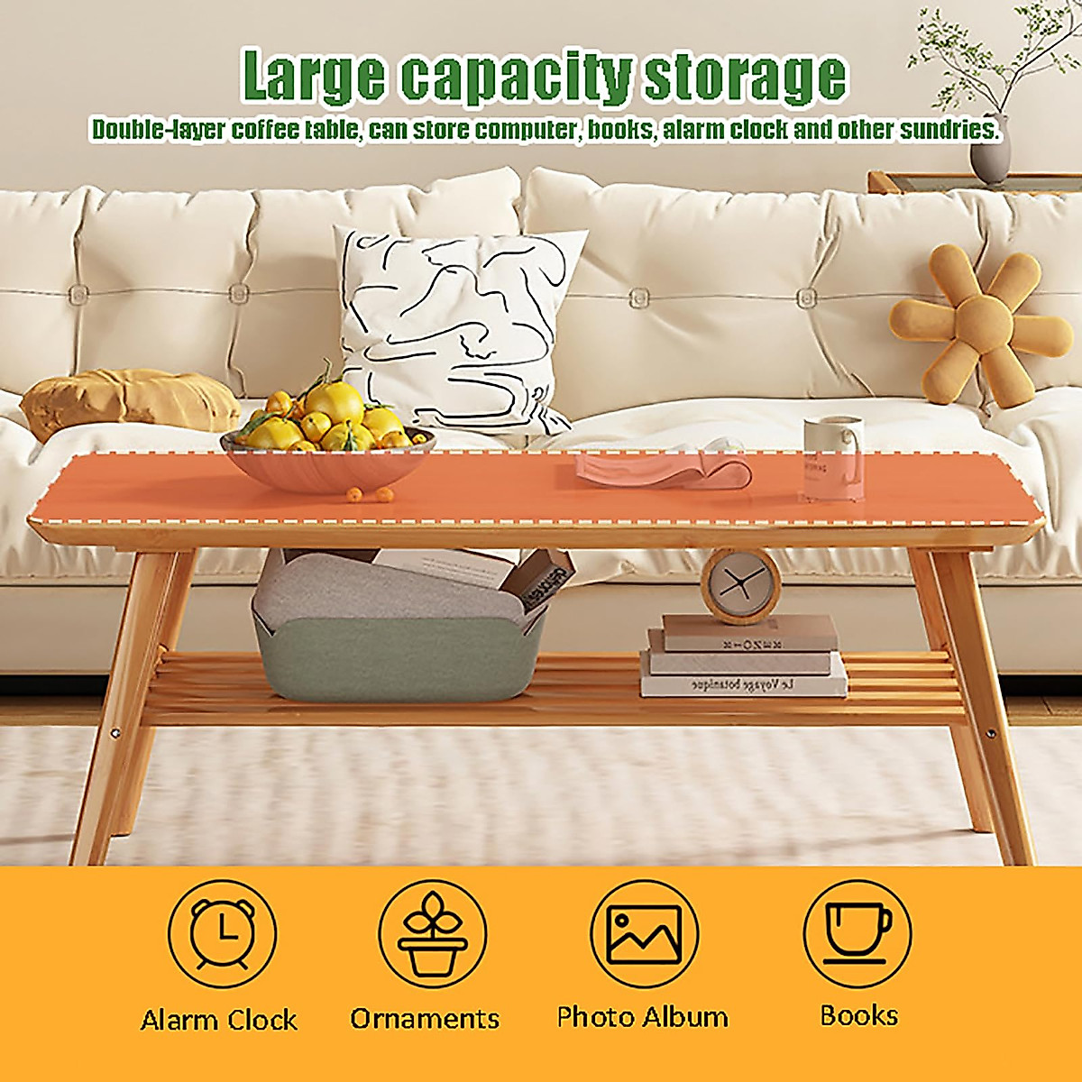 Coffee Table Bamboo,Rectangular Coffee Table with Storage Open Shelf,2-Tier Coffee Table,mid-Century Center Table,Modern Wood End Table Side Table for Living Room Sitting Room Furniture