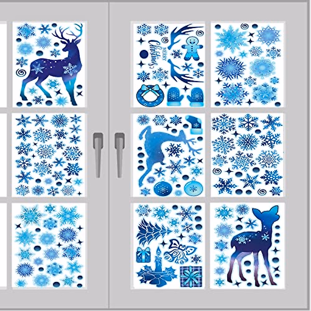 UOMNICUE 9 Sheets Christmas Window Cling Sticker, 213pcs Double Sided Blue Christmas Tree Reindeer Snowflake Window Decal Stickers for Glass Window Home Xmas Party Decorations Supplies